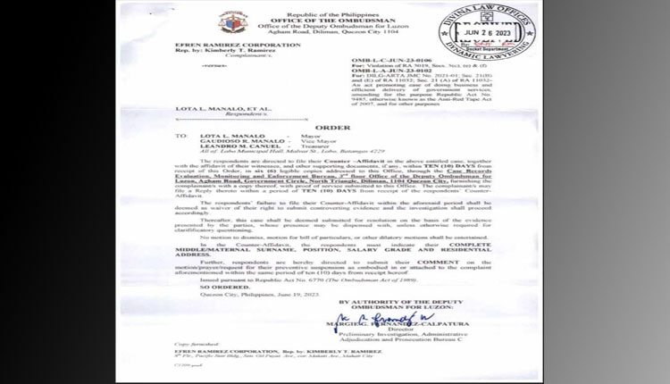 Ombudsman pinapasagot ang mag-asawang mayor at vice mayor ng Lobo ...